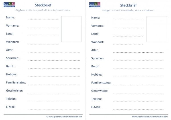 DaF | Steckbrief - Persönliche Informationen geben und danach fragen ...