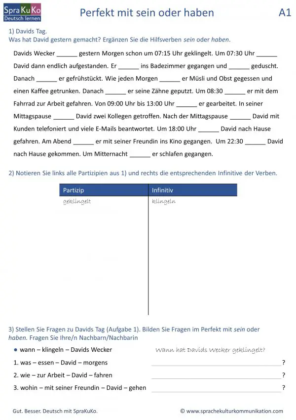Übung 3 Perfekt mit sein und haben - Deutsch lernen online | Sprakuko