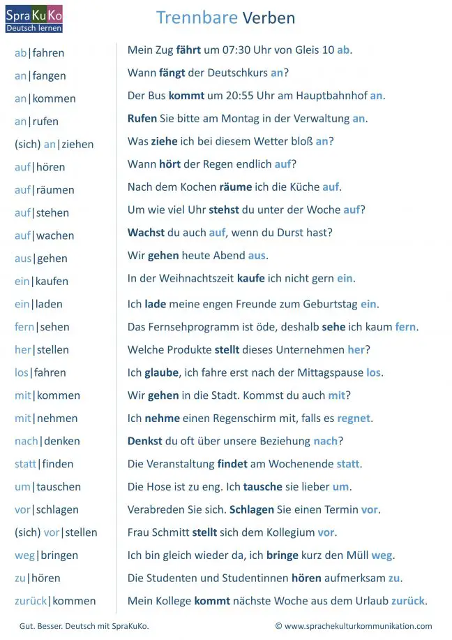 Verben - Liste zum Deutschlernen mit Beispielsätzen