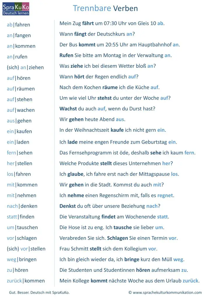 Verben - Liste zum Deutschlernen mit Beispielsätzen