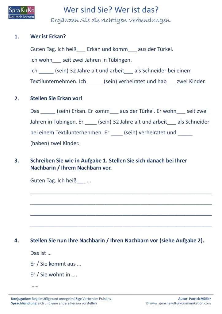 Neues Arbeitsblatt (A1): sich und eine andere Person vorstellen