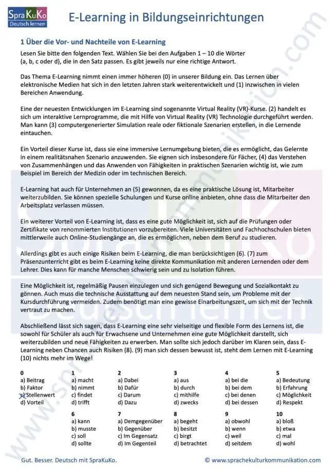 Arbeitsblatt – Sprachbausteine Goethe C1 Leseverstehen Teil 3 – E-LEARNING - Deutsch lernen ...