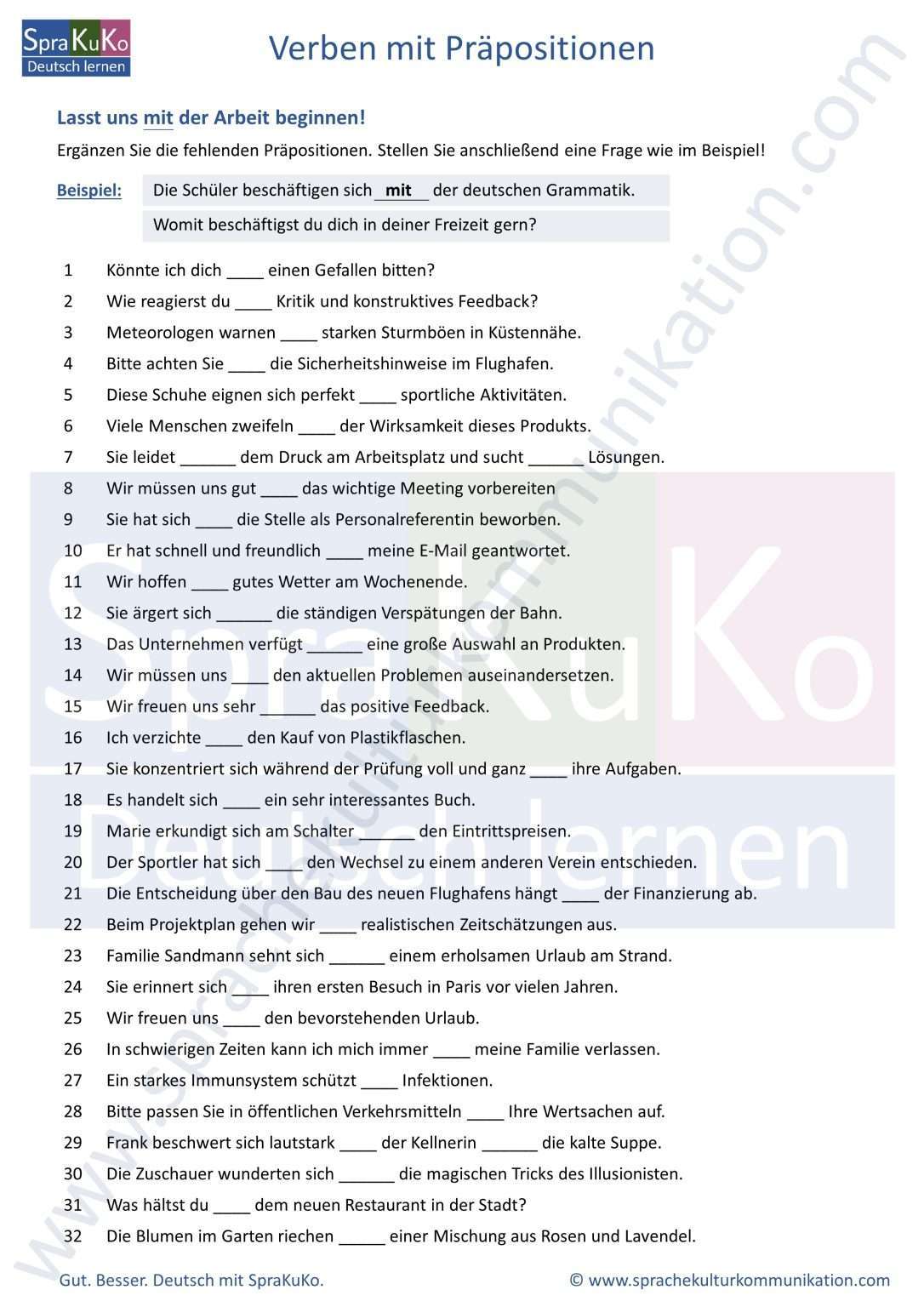 Arbeitsblatt Verben mit Präpositionen | Sprakuko DaF-Blog