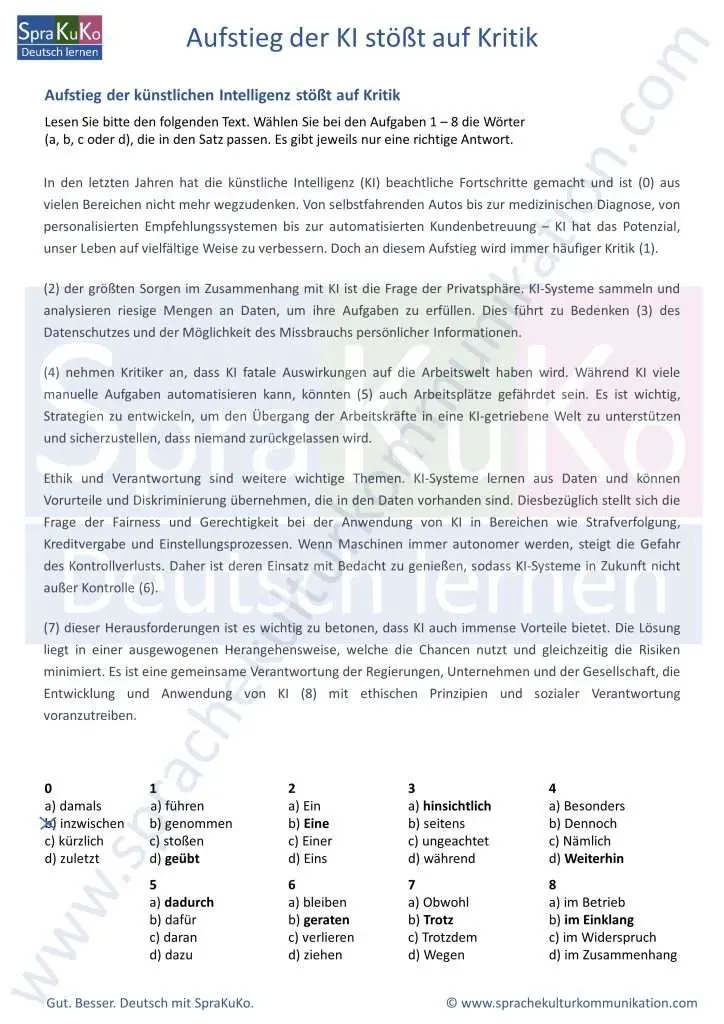 Sprachbausteine Übung PDF-Lösung - Deutsch lernen online | Sprakuko